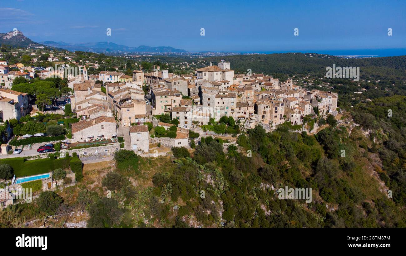 Aerial view of the medieval village of Tourrettes sur Loup on the ...