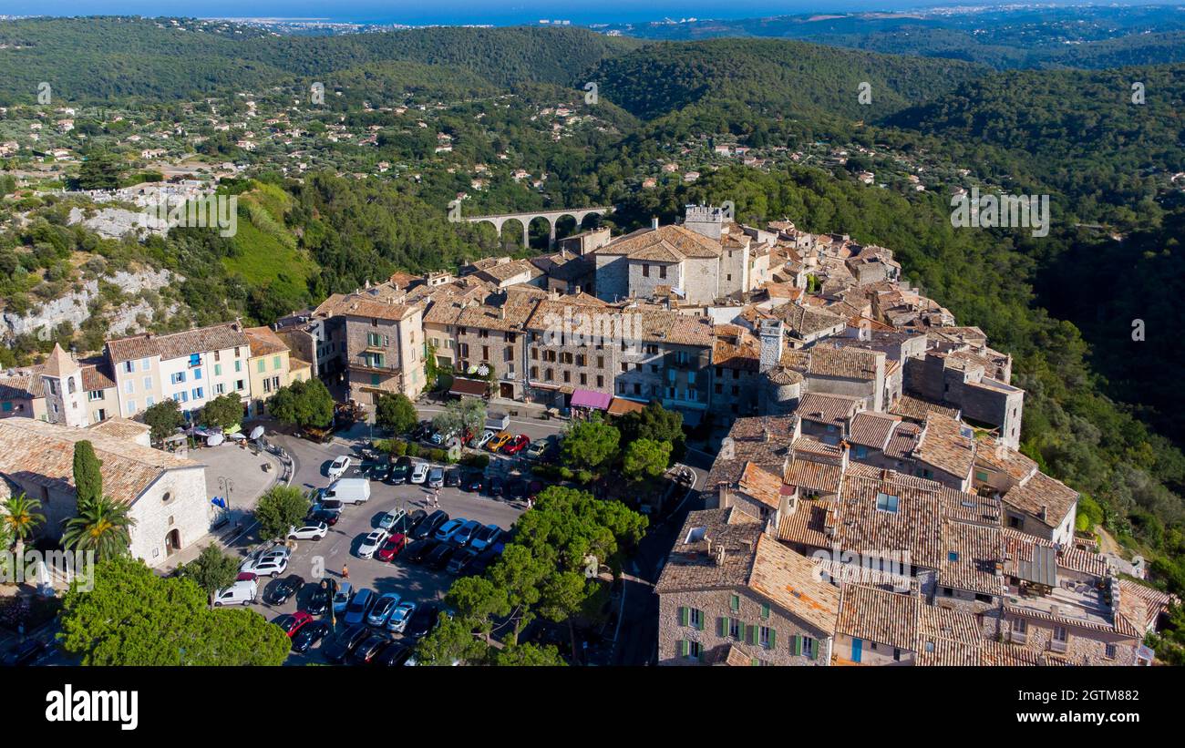 Aerial view of the medieval village of Tourrettes sur Loup on the ...