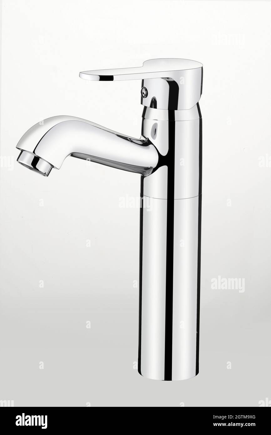 Modern stainless steel water tap. Isolated on white Grey background ...