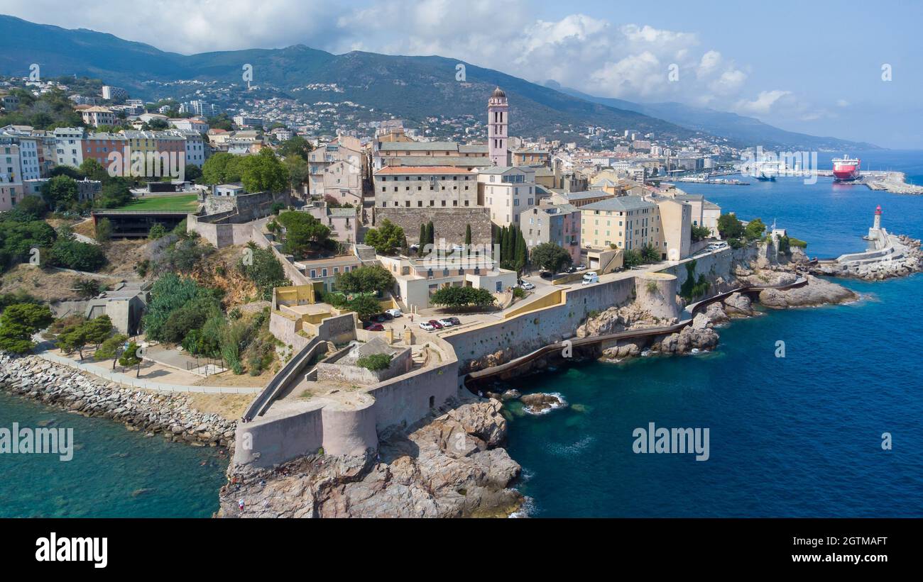 Aerial view of the Citadel of Bastia in the north of Corsica island ...