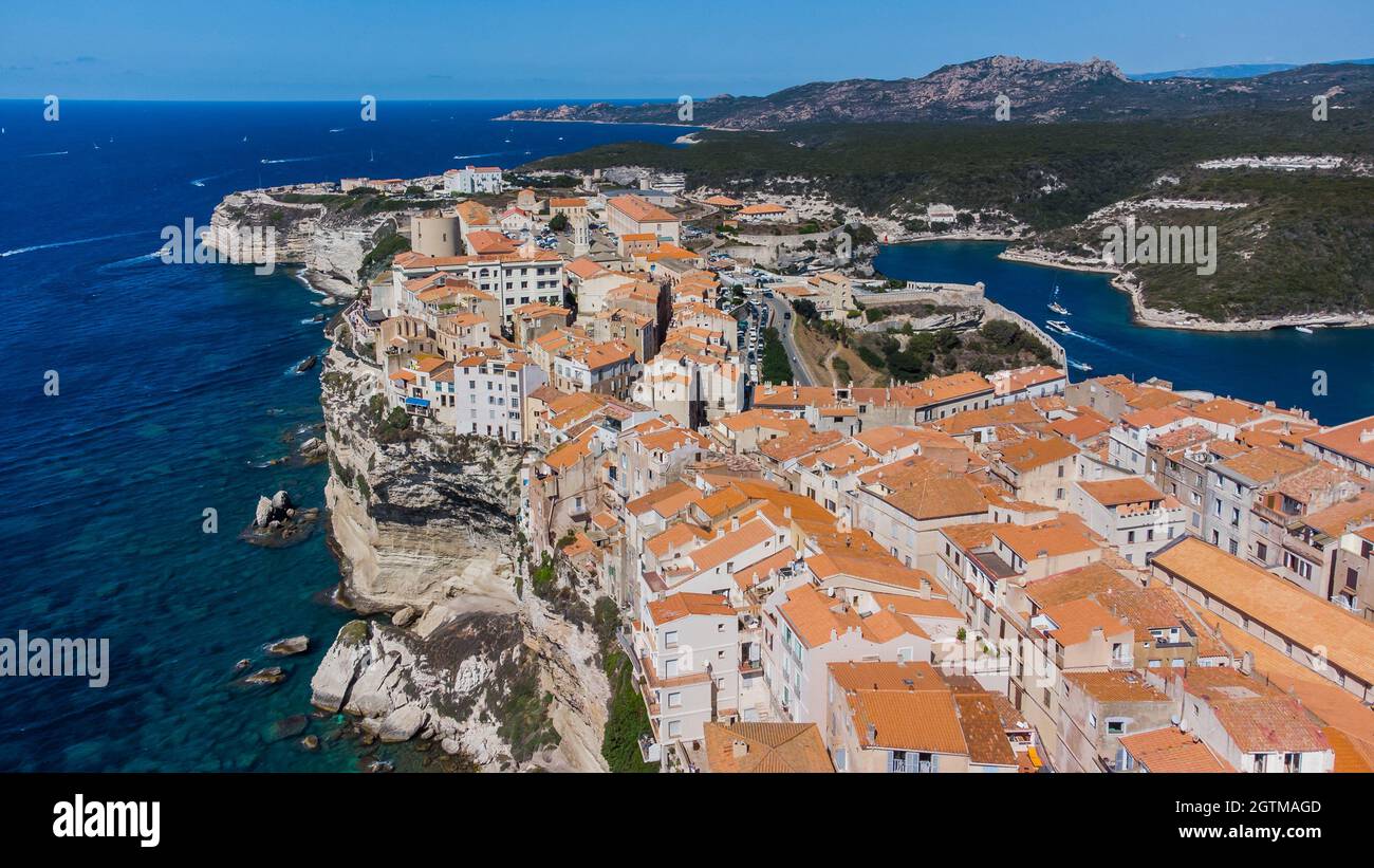 Aerial view of Bonifacio in the south of Corsica in France - Old houses ...