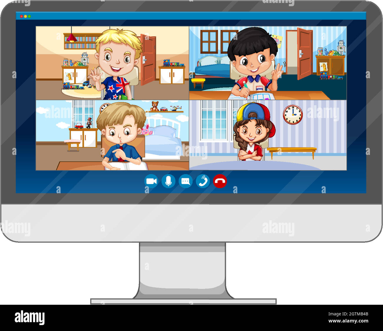 Student video chat online screen on computer screen on white background ...