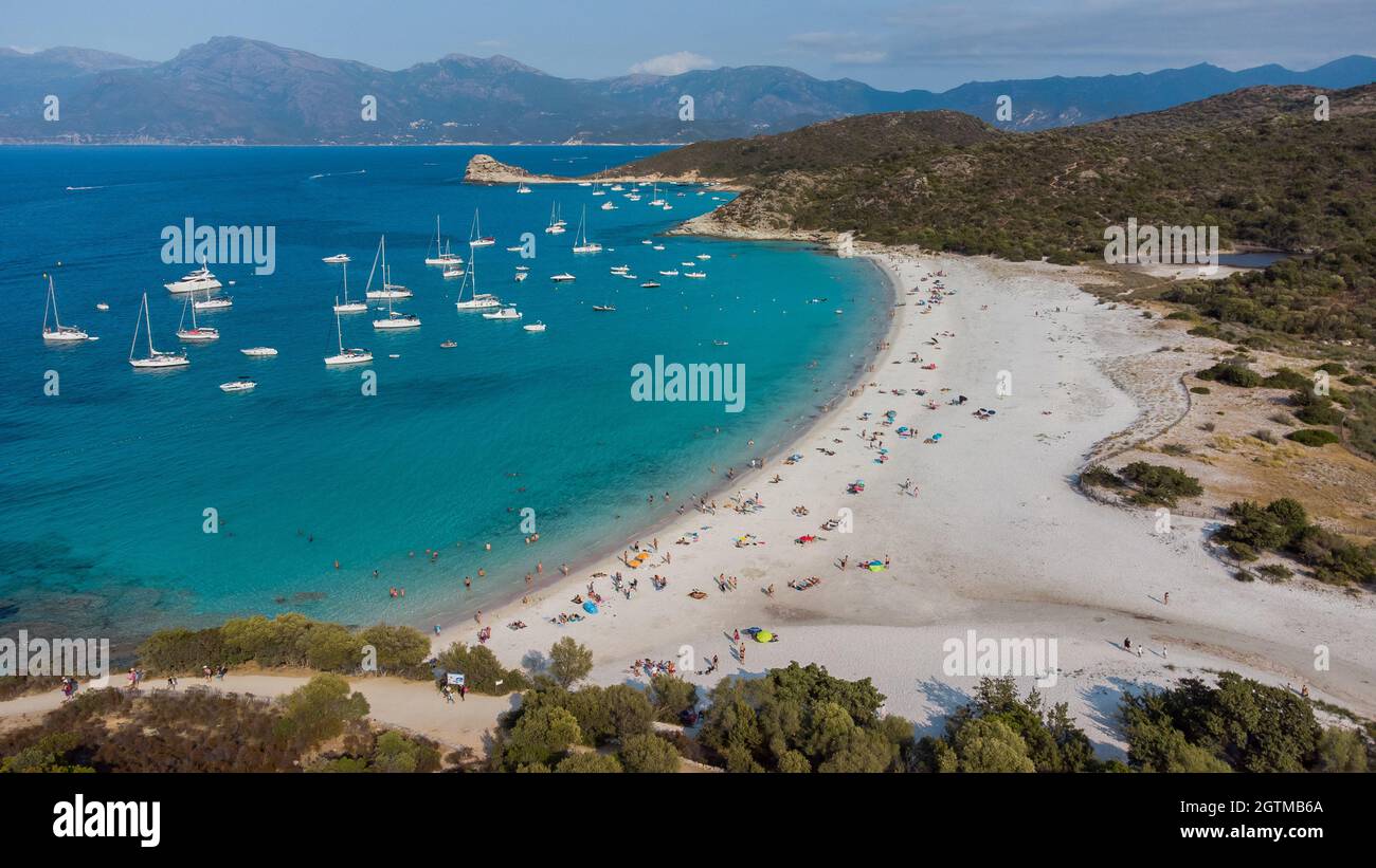 Aerial view of Loto Beach in the Agriates Desert northwest of Saint ...