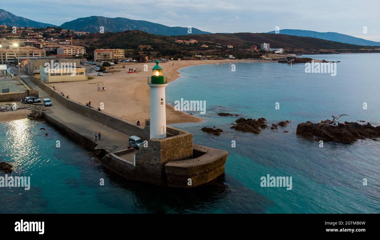 Aerial view of the lighthouse of Propriano in the South of Corsica ...