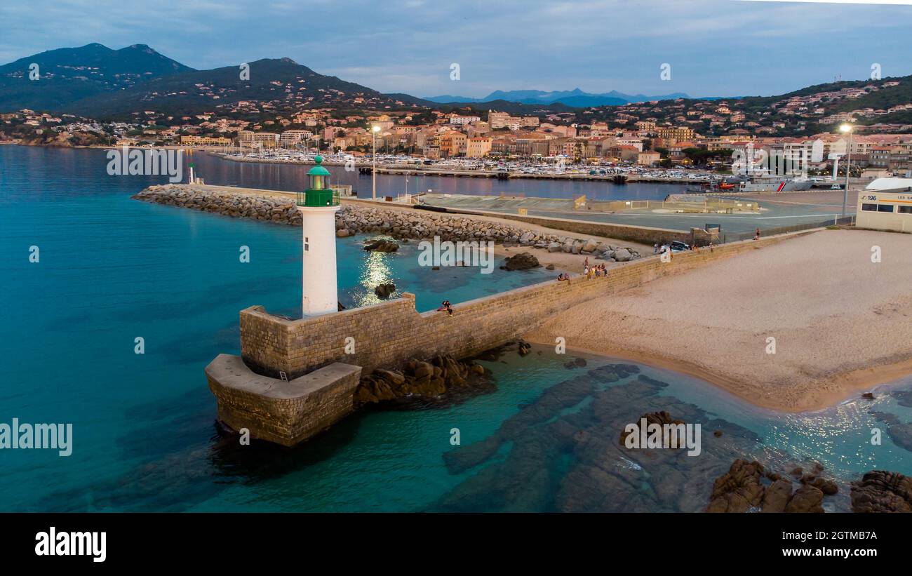 Aerial view of the marina of Propriano in the South of Corsica, France ...