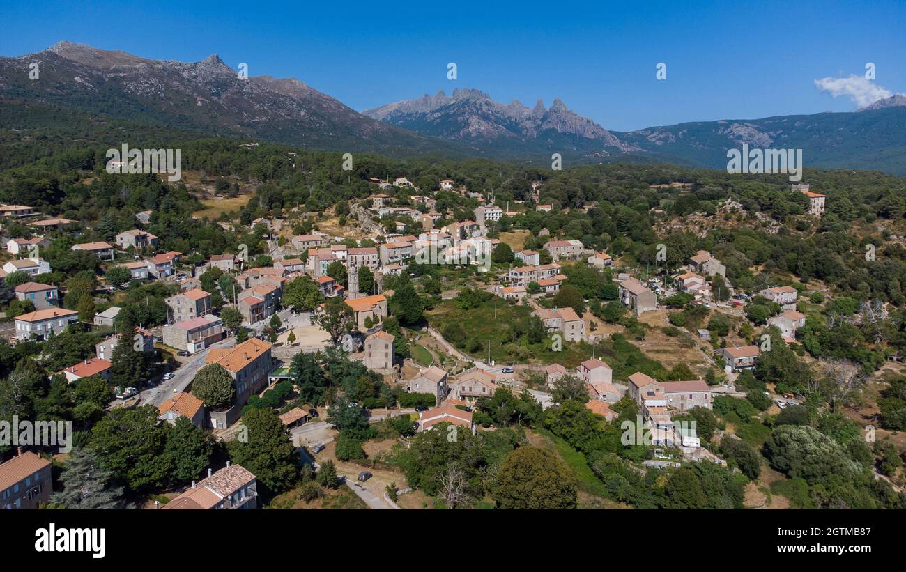 Aerial view of the mountainous village of Quenza in the Alta Rocca ...