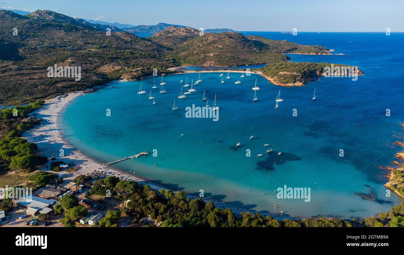 Aerial view of the bay of Rondinara in the South of Corsica, France ...
