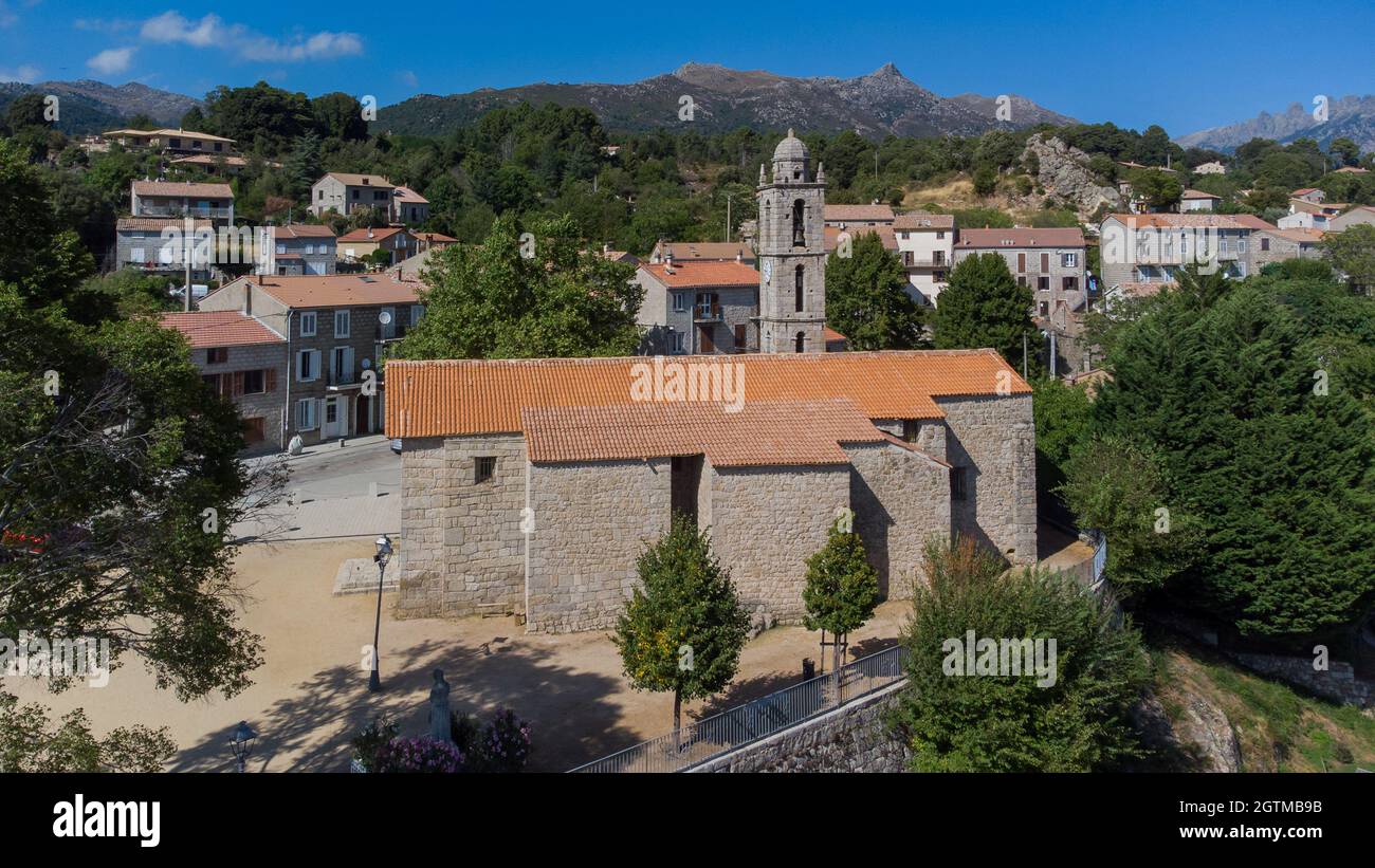 Aerial view of the mountainous village of Quenza in the Alta Rocca ...