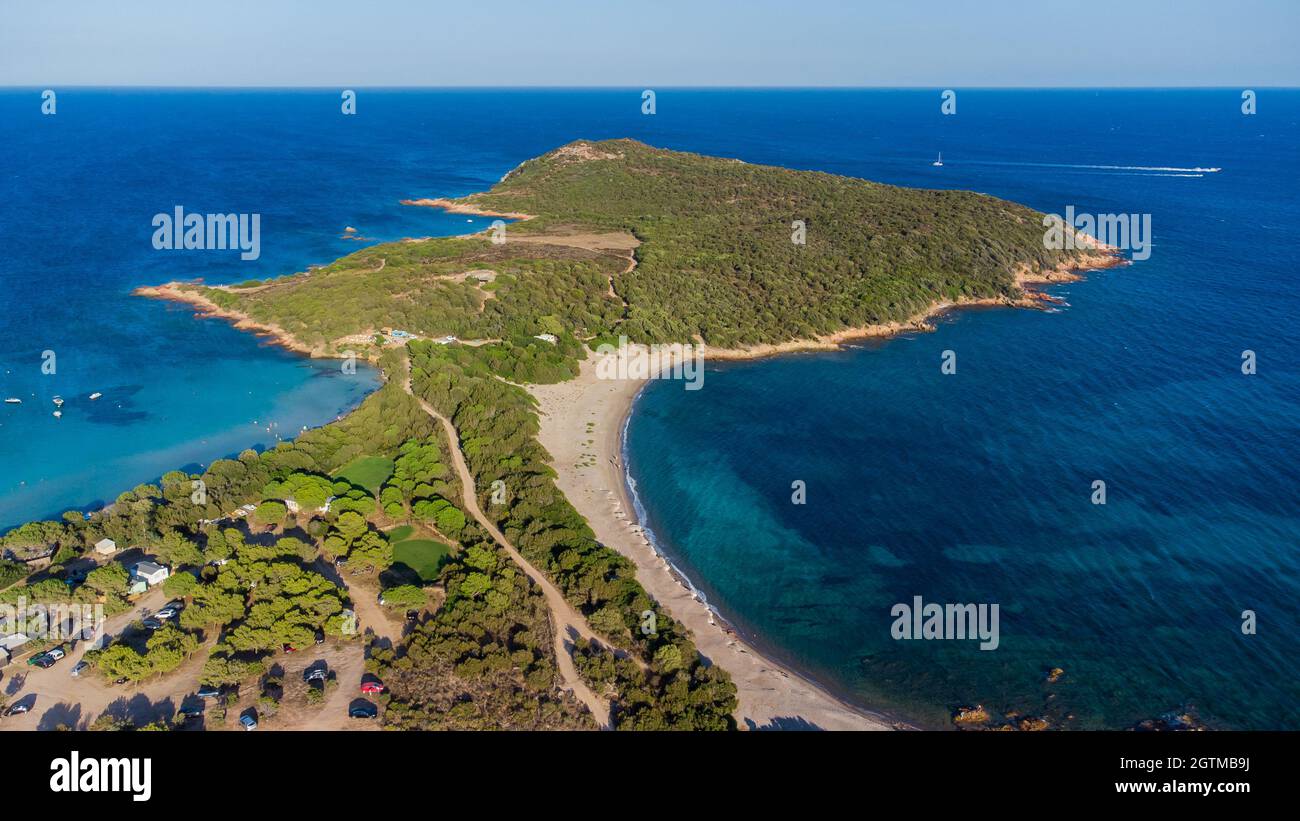 Aerial view of the bay of Rondinara in the South of Corsica, France ...