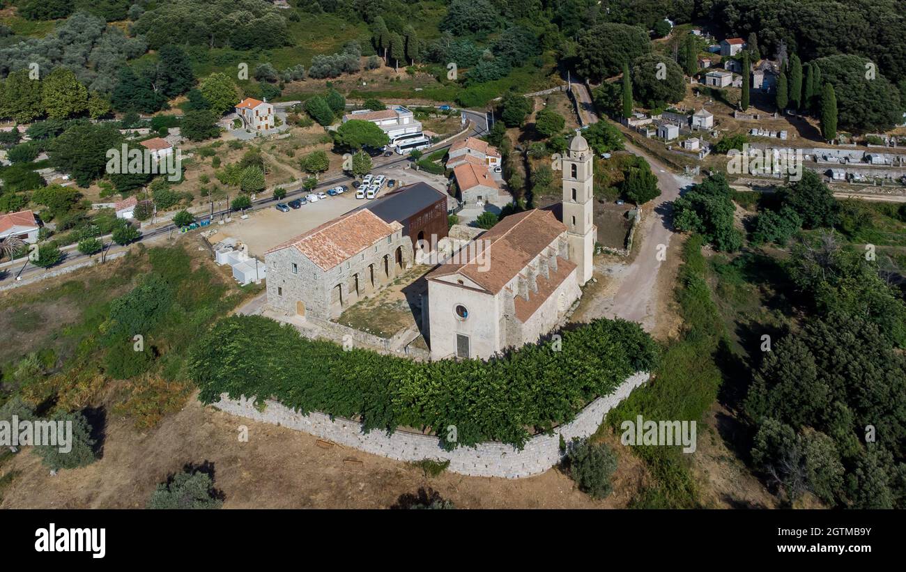 Aerial view of the medieval convent of Sainte Lucie de Tallano in the ...