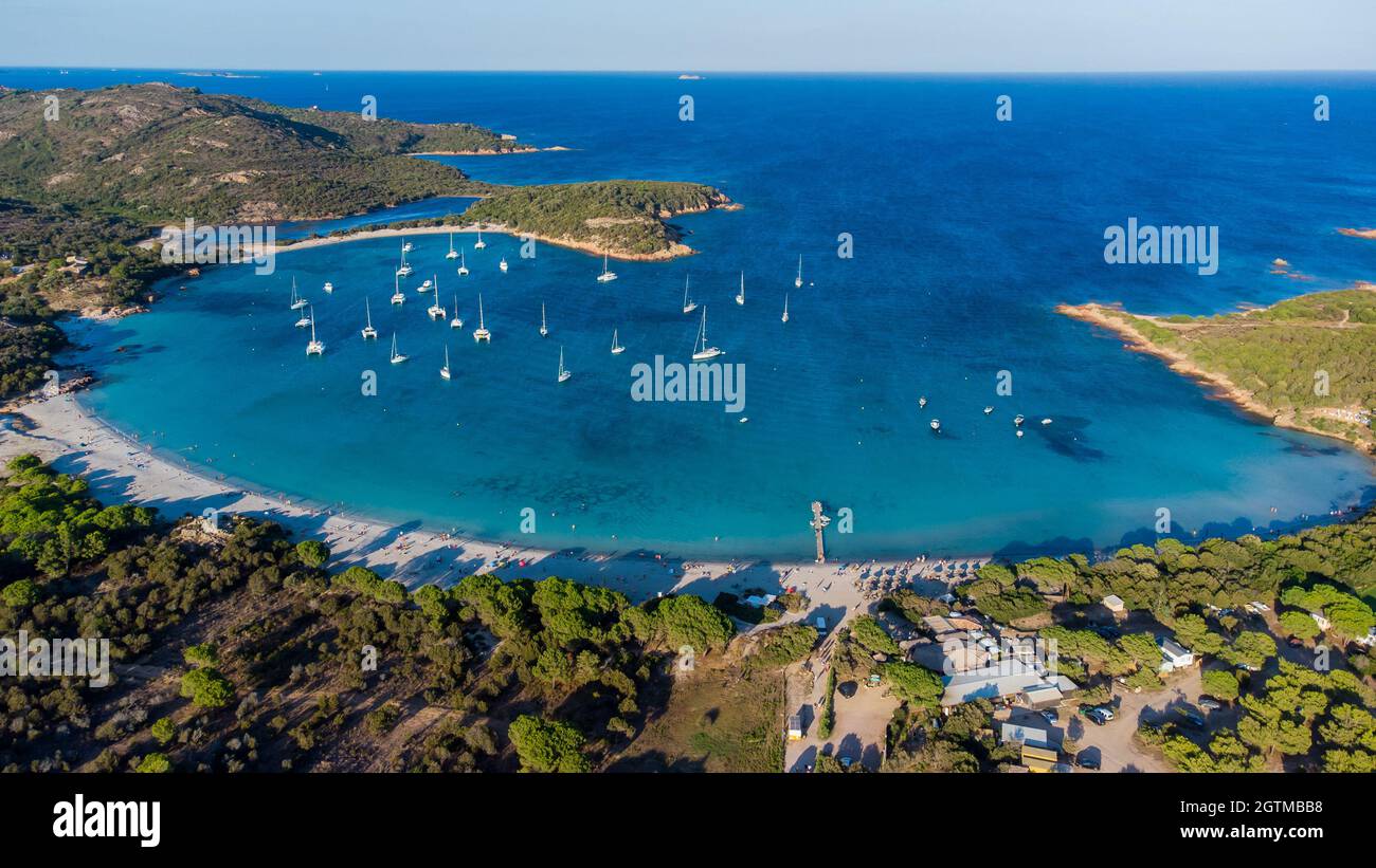 Aerial view of the bay of Rondinara in the South of Corsica, France ...