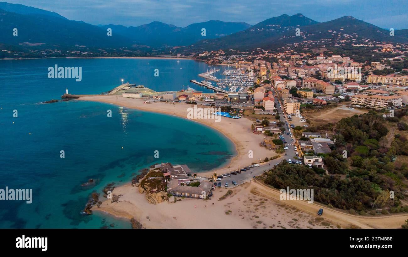 Aerial view of the marina of Propriano in the South of Corsica, France ...