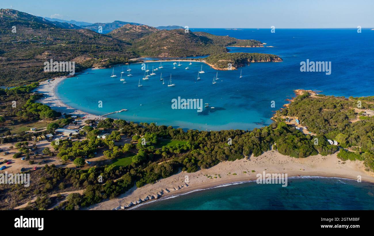 Aerial view of the bay of Rondinara in the South of Corsica, France ...