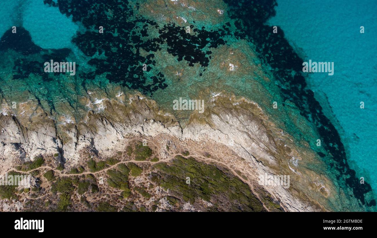 Aerial view of Saleccia Beach in the Agriates desert in Upper Corsica ...