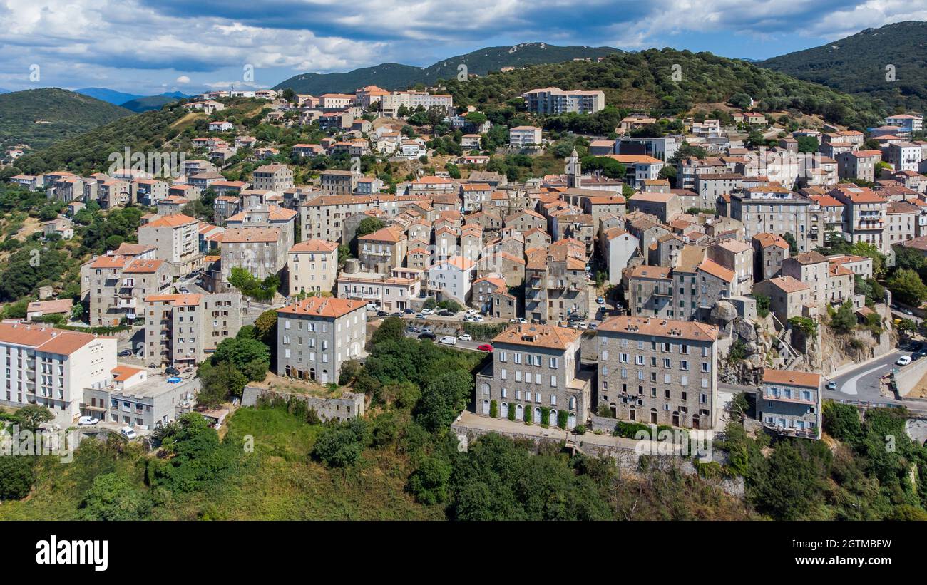 Aerial view of the medieval city of Sartène in the mountains of the ...