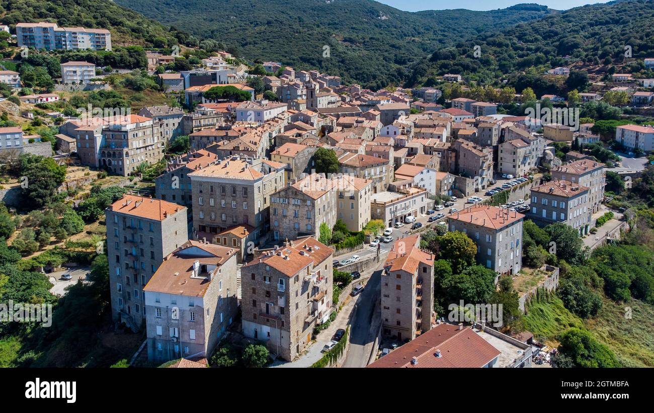 Aerial view of the medieval city of Sartène in the mountains of the ...