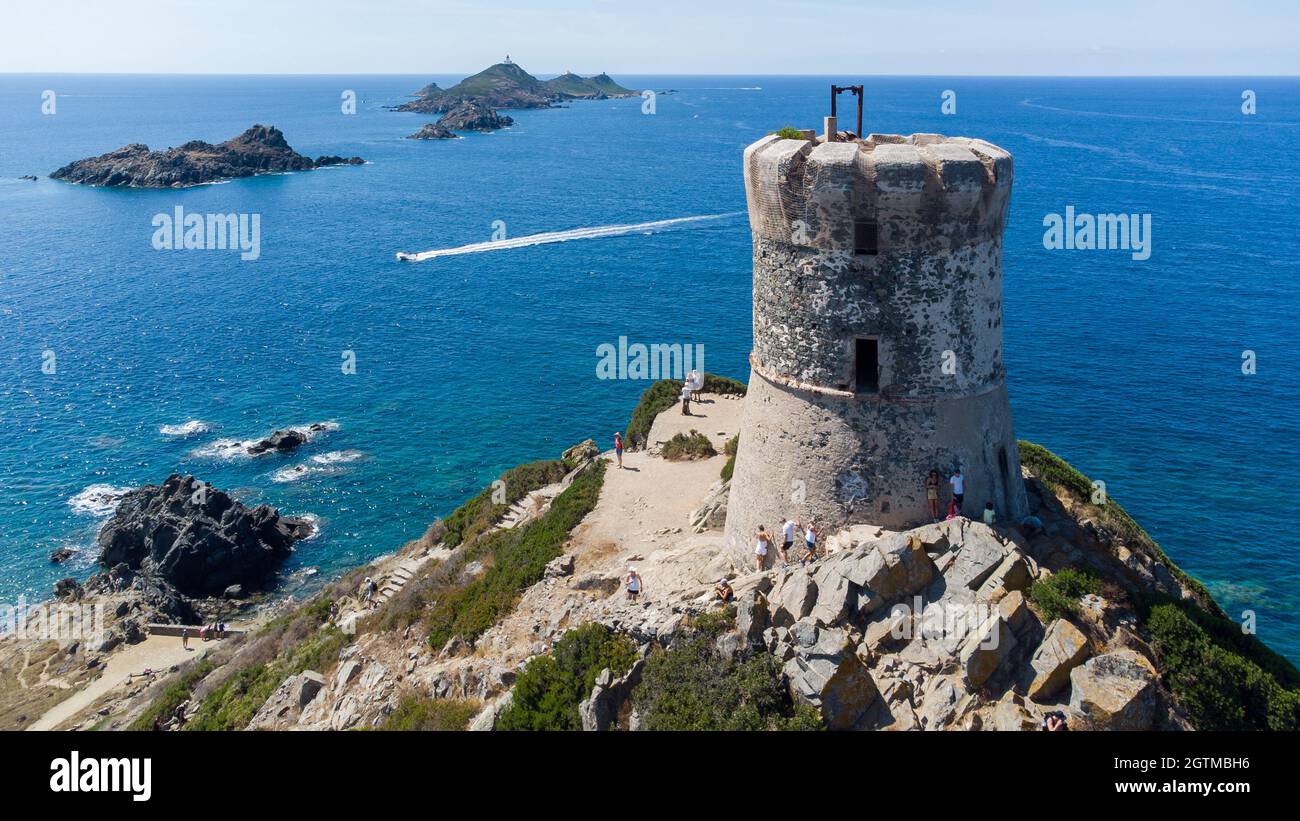 Aerial view of the remains of the Genoese Tower of La Parata built on ...