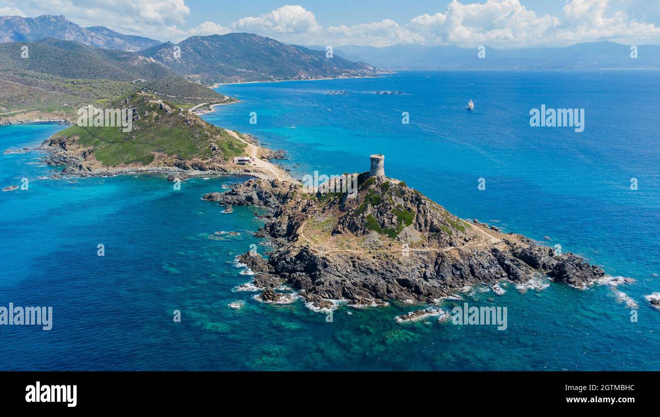 Aerial view of the remains of the Genoese Tower of La Parata built on ...