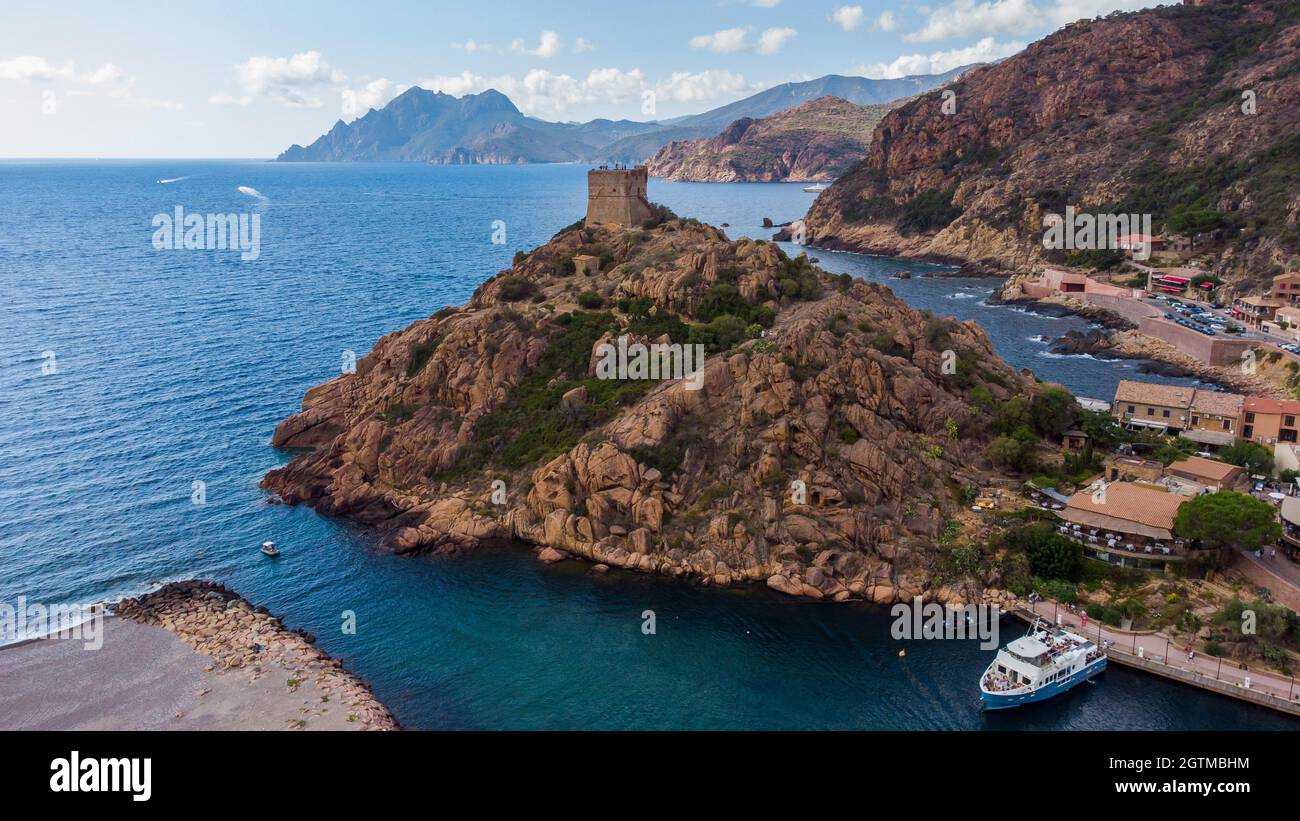 Aerial view of the ruins of the square Genoese tower of Porto at the ...