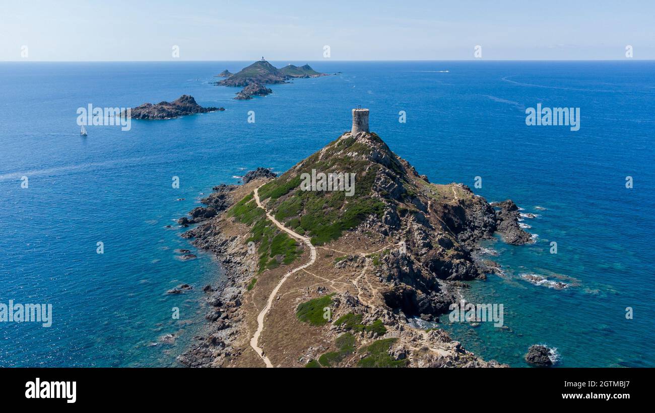 Aerial view of the remains of the Genoese Tower of La Parata built on ...
