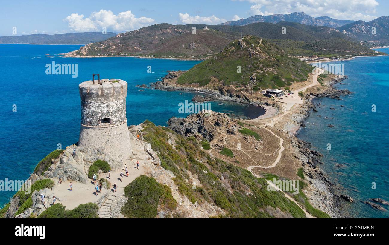 Aerial view of the remains of the Genoese Tower of La Parata built on ...