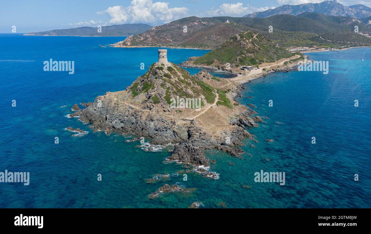 Aerial view of the remains of the Genoese Tower of La Parata built on ...