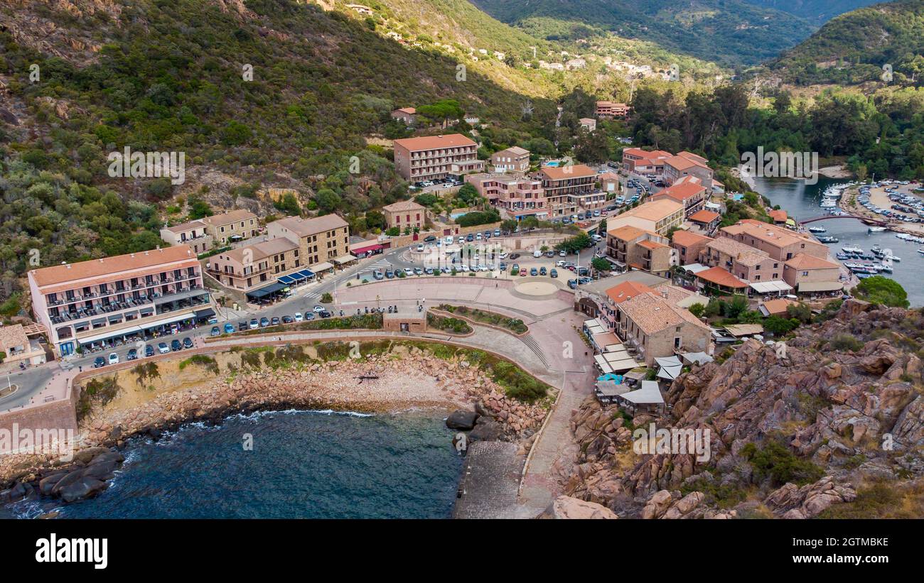Aerial view of the ruins of the square Genoese tower of Porto at the ...