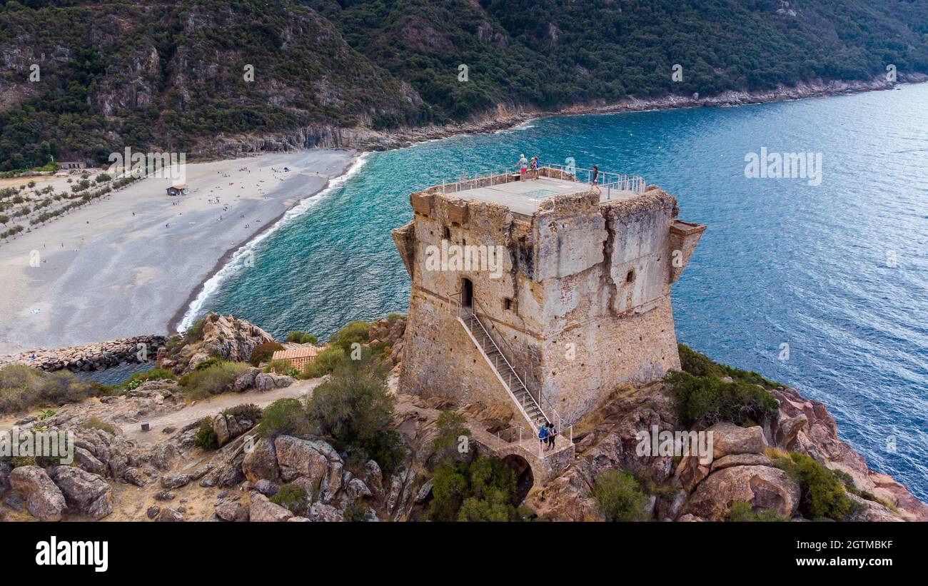 Aerial view of the ruins of the square Genoese tower of Porto at the ...