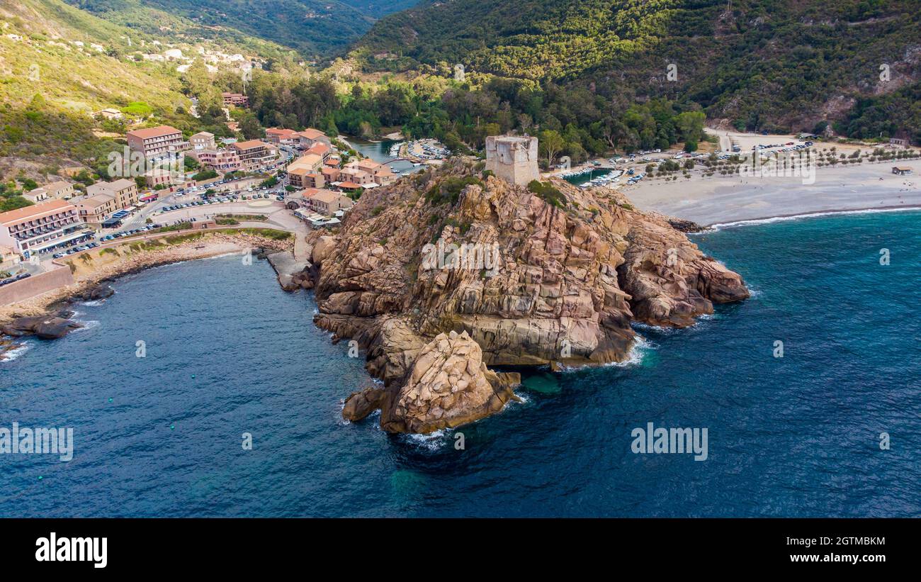 Aerial view of the ruins of the square Genoese tower of Porto at the ...