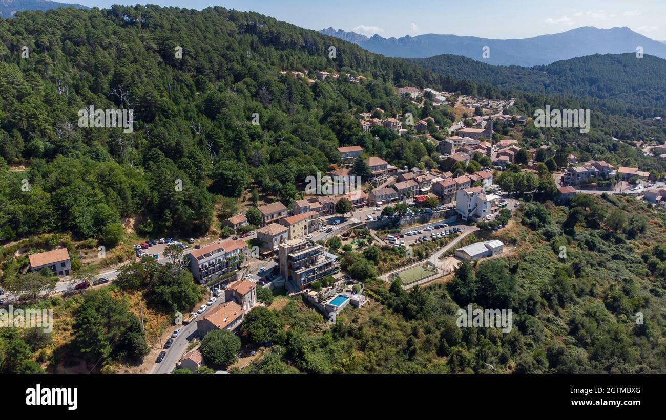 Aerial view of the mountainous village of Zonza in the South of Corsica ...