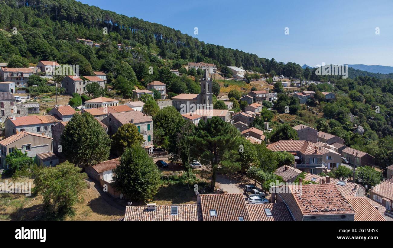 Aerial view of the mountainous village of Zonza in the South of Corsica ...