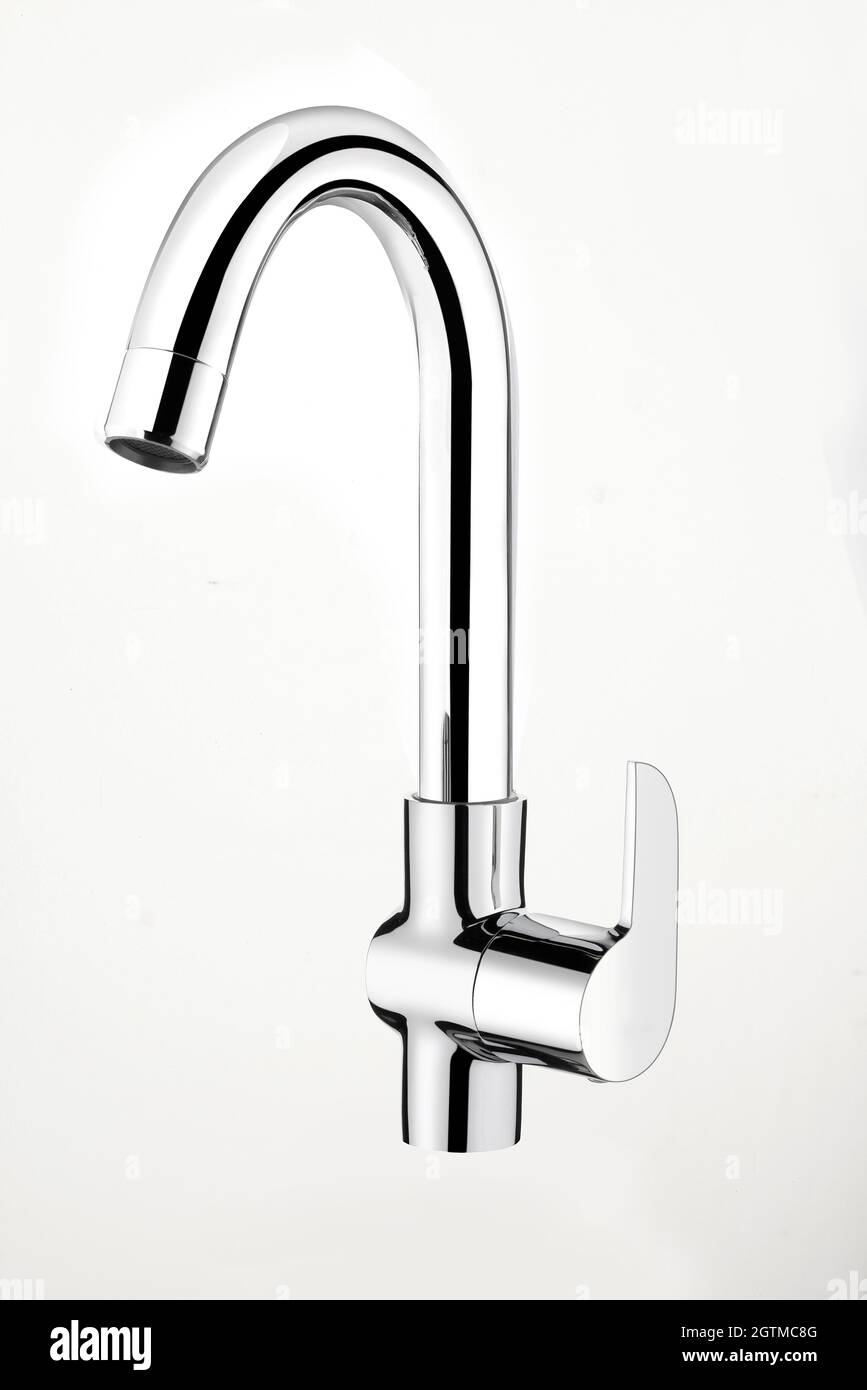 Modern stainless steel water tap. Isolated on white Grey background ...