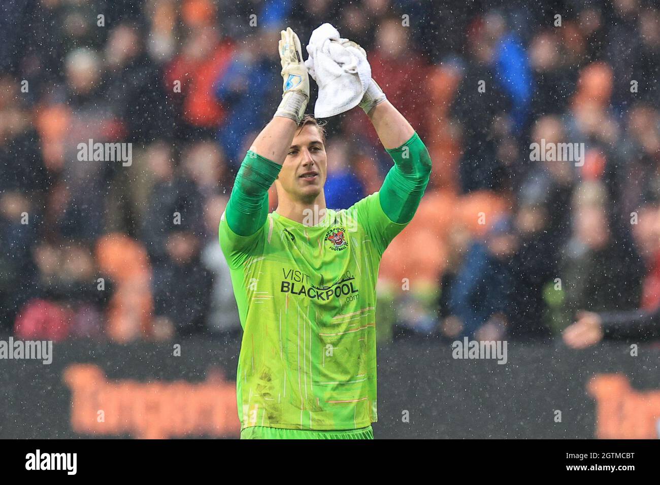 Stuart Moore #13 of Blackpool celebrates with the fans as Blackpool win ...