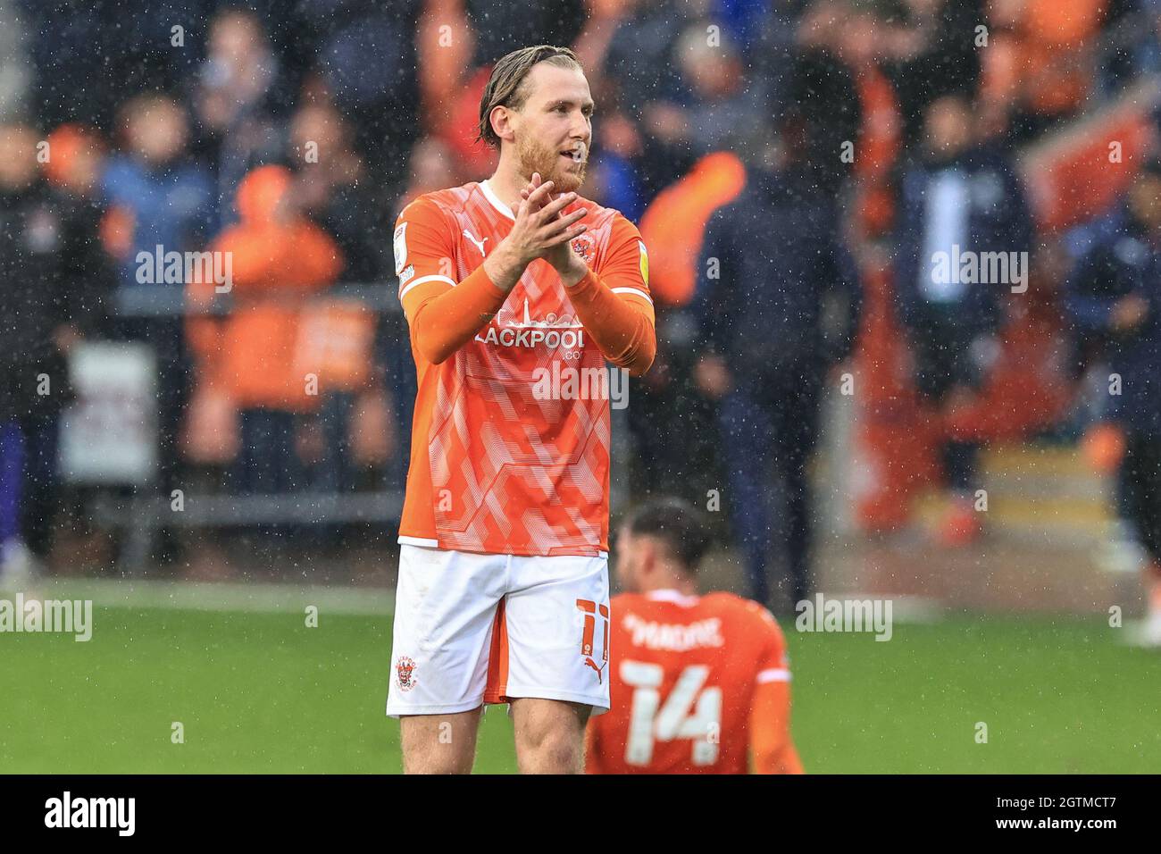 Josh Bowler #11 of Blackpool celebrates with the fans as Blackpool win ...