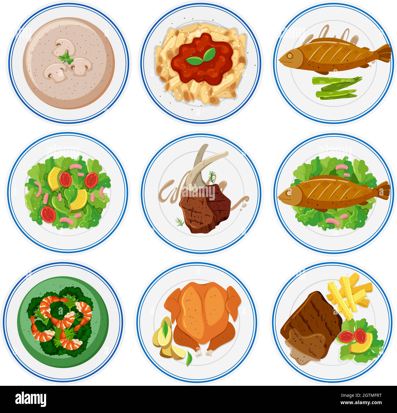 Different types of food on round plates Stock Vector Image & Art - Alamy