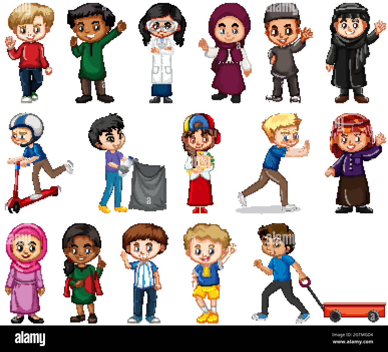 Large set of boys and girls doing different activity on white ...