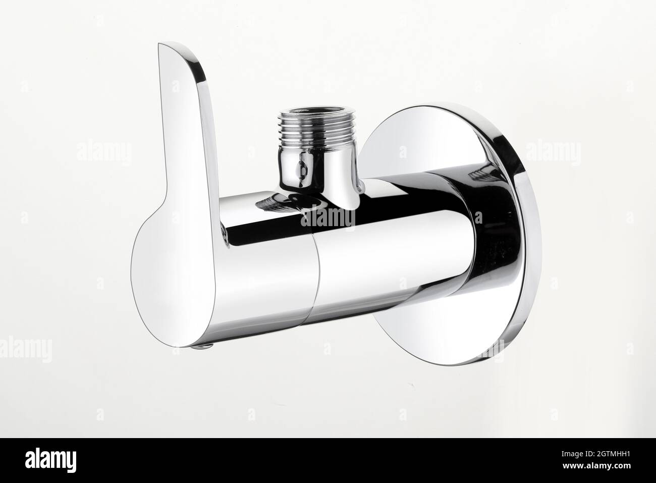 Modern stainless steel water tap. Isolated on white Grey background ...