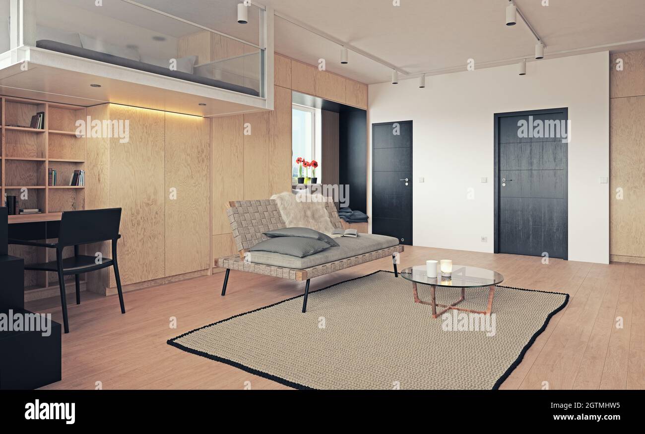 compact apartment design concept. 3d interior rendering Stock Photo - Alamy