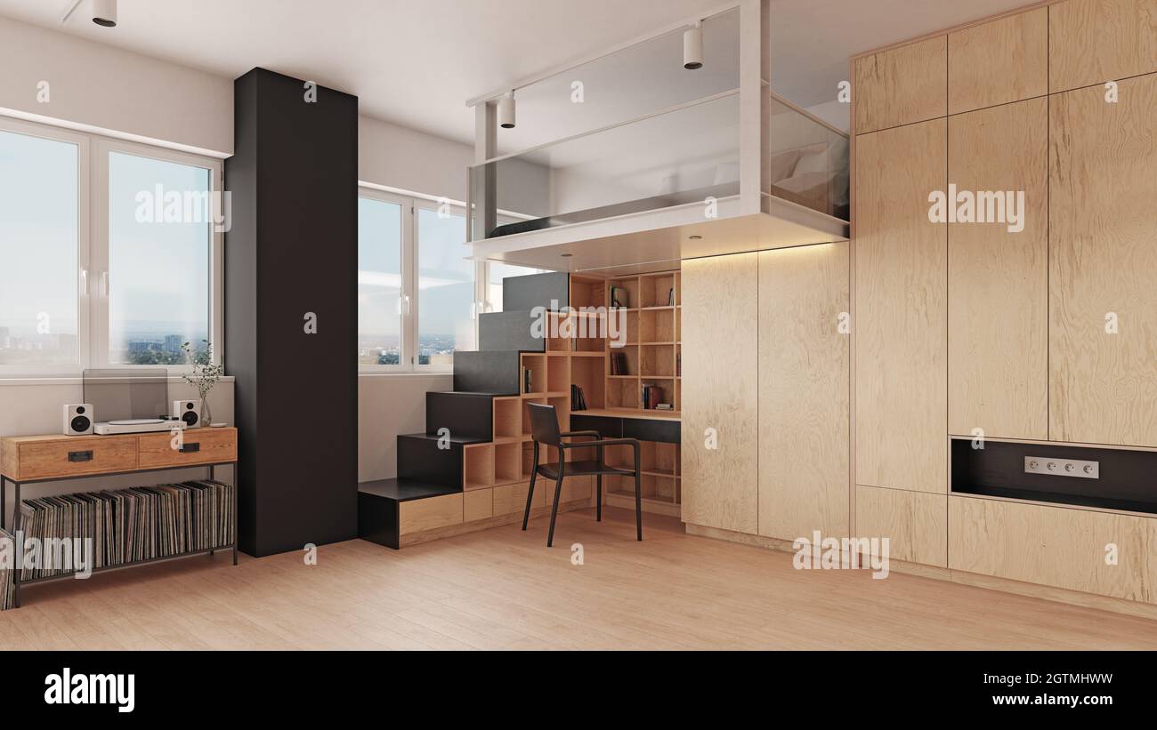 compact apartment design concept. 3d interior rendering Stock Photo - Alamy