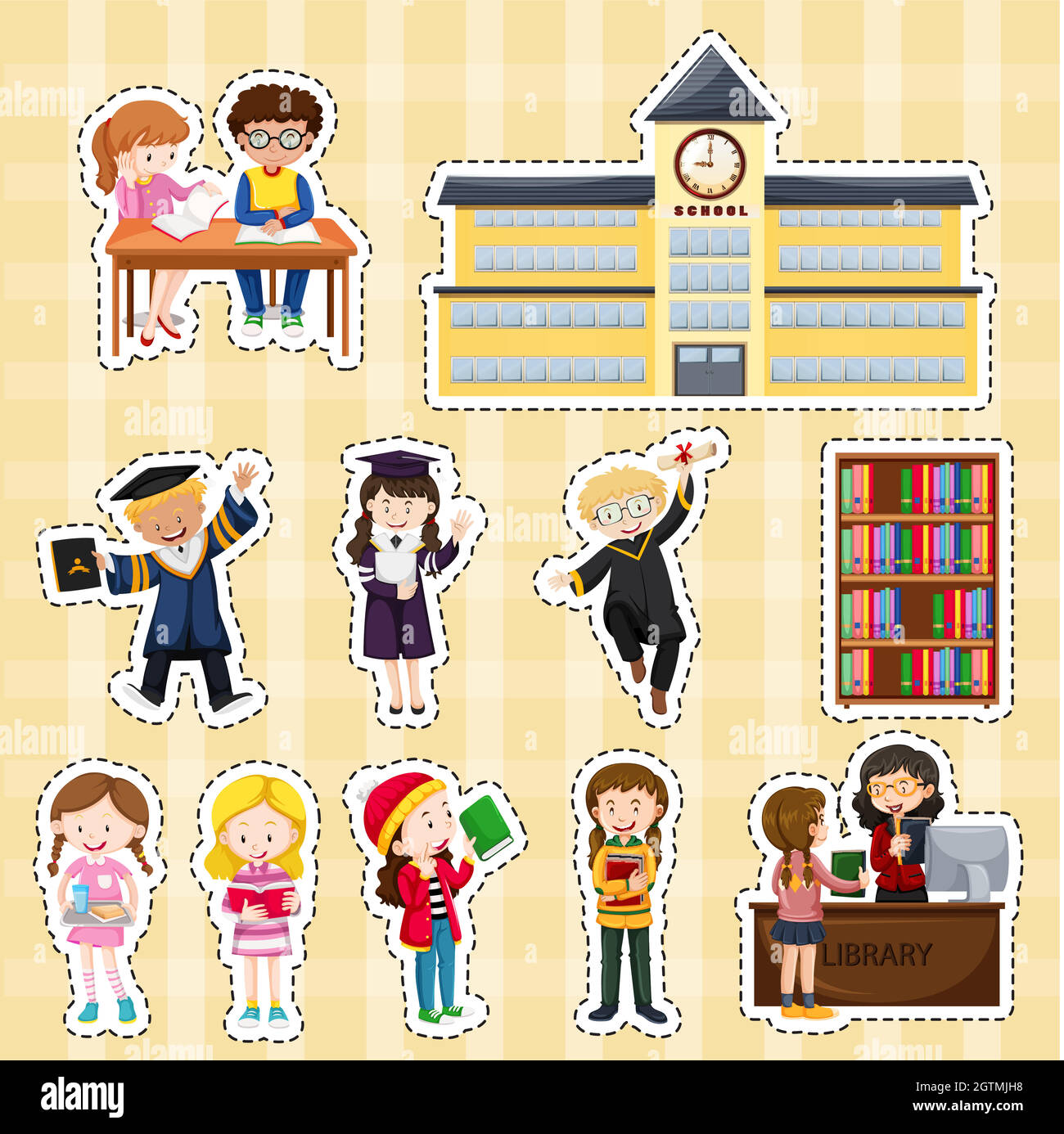 Sticker design with students and school building Stock Vector Image ...