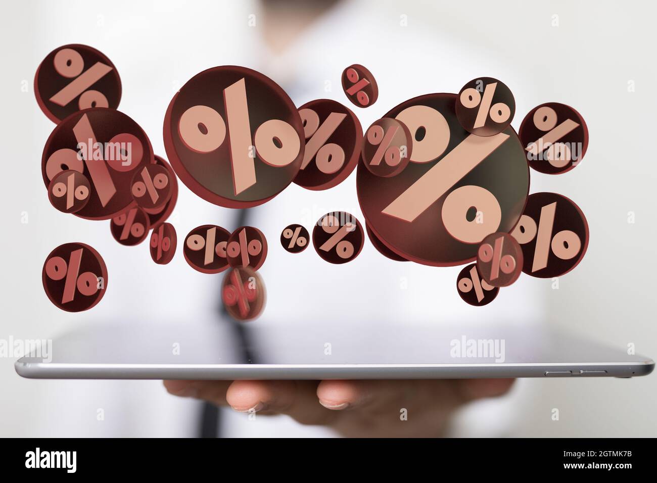 Person presenting 3D rendered percent icon representing the concept of ...