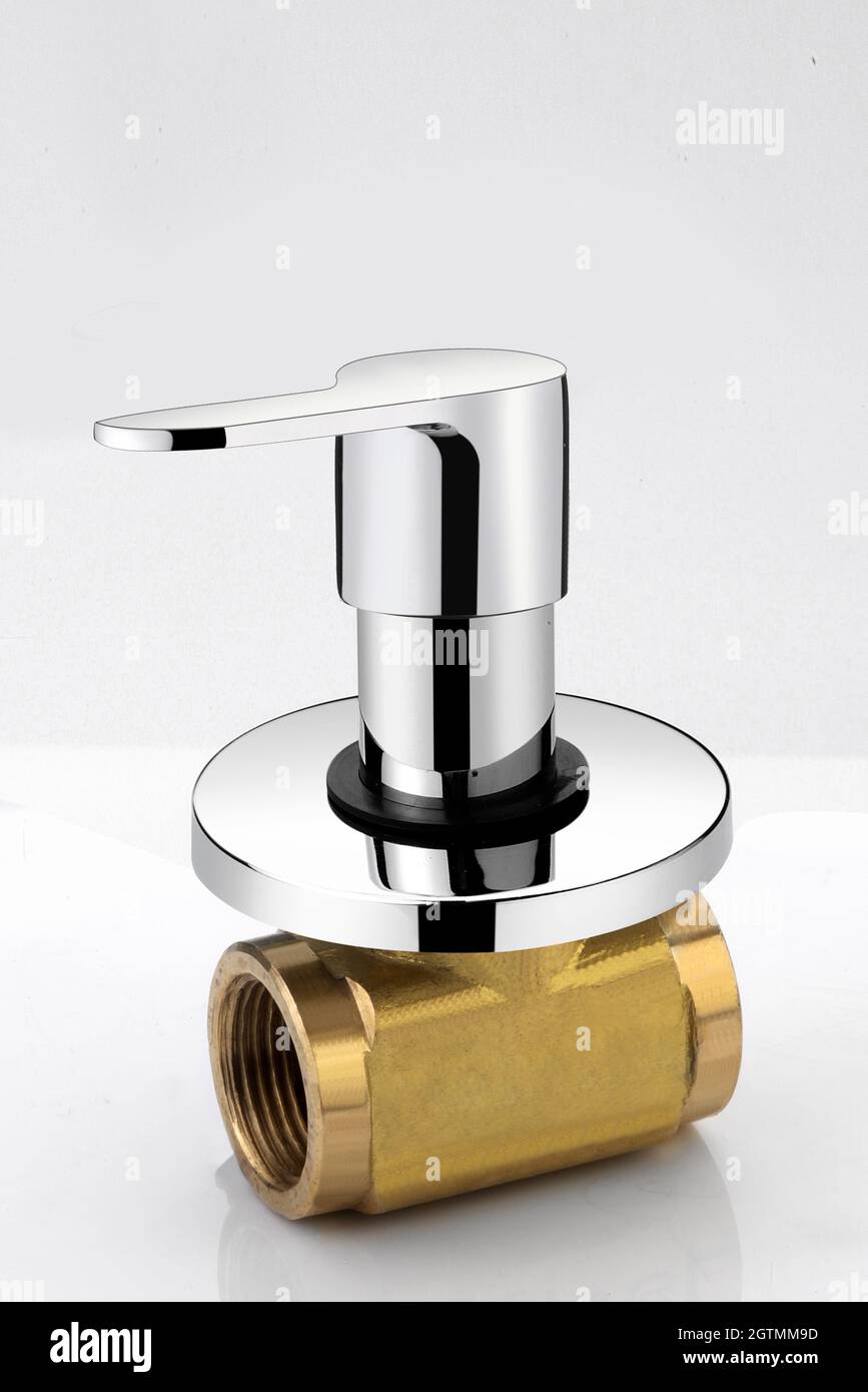 Modern stainless steel water tap. Isolated on white Grey background ...