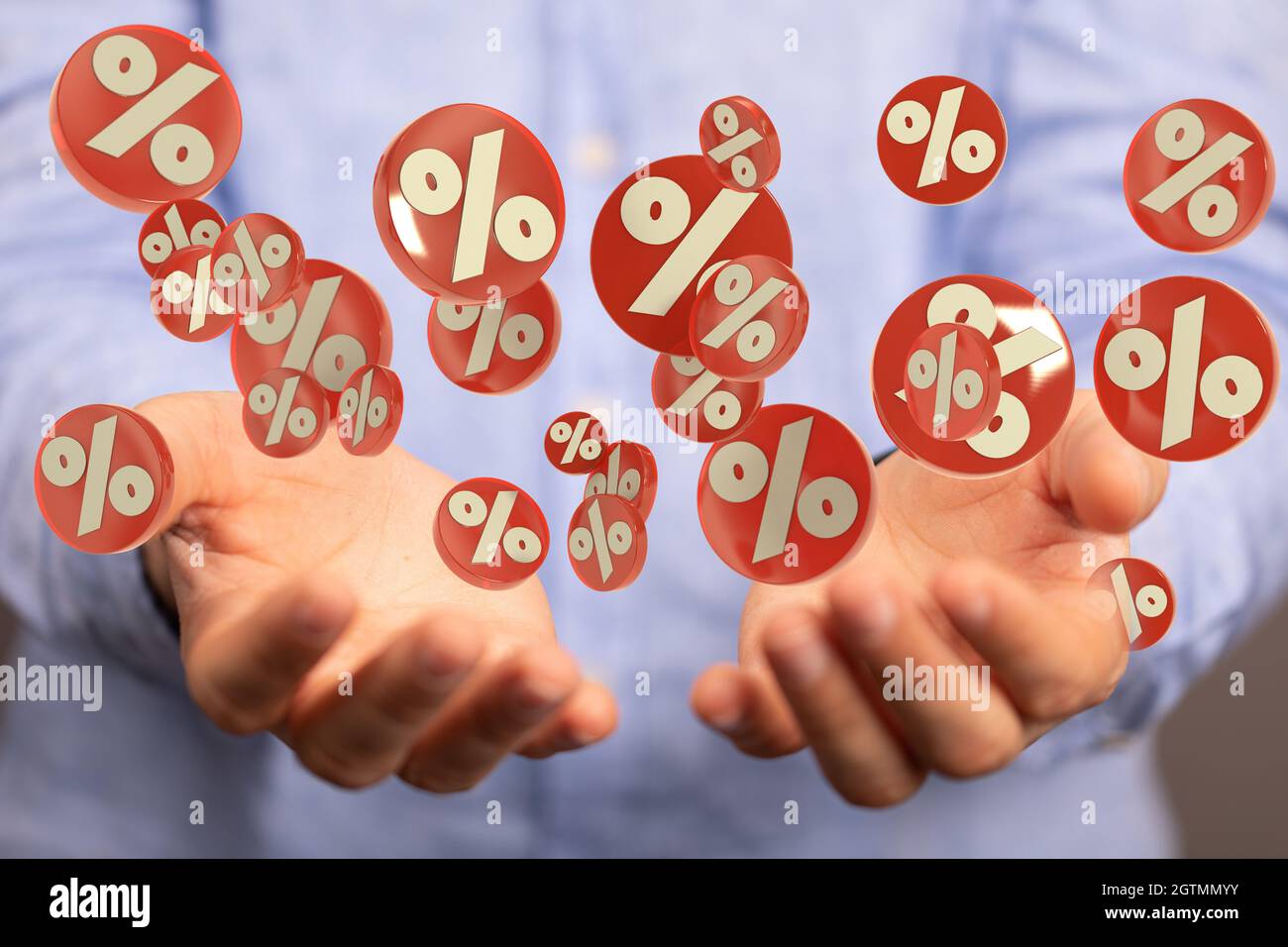 Person presenting 3D rendered percent icon representing the concept of ...