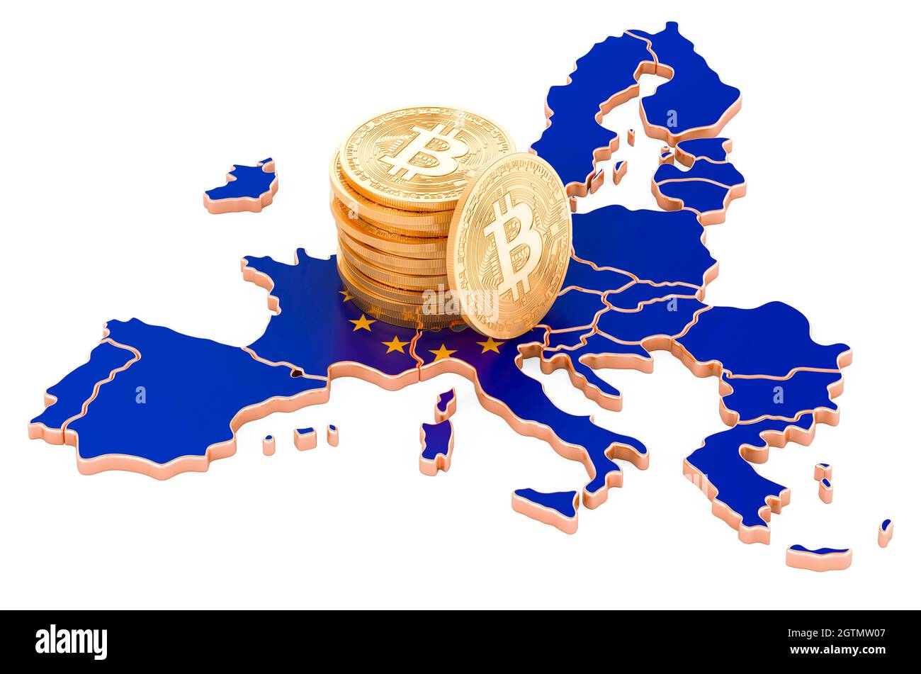 Bitcoin cryptocurrency in the European Union, 3D rendering isolated on ...