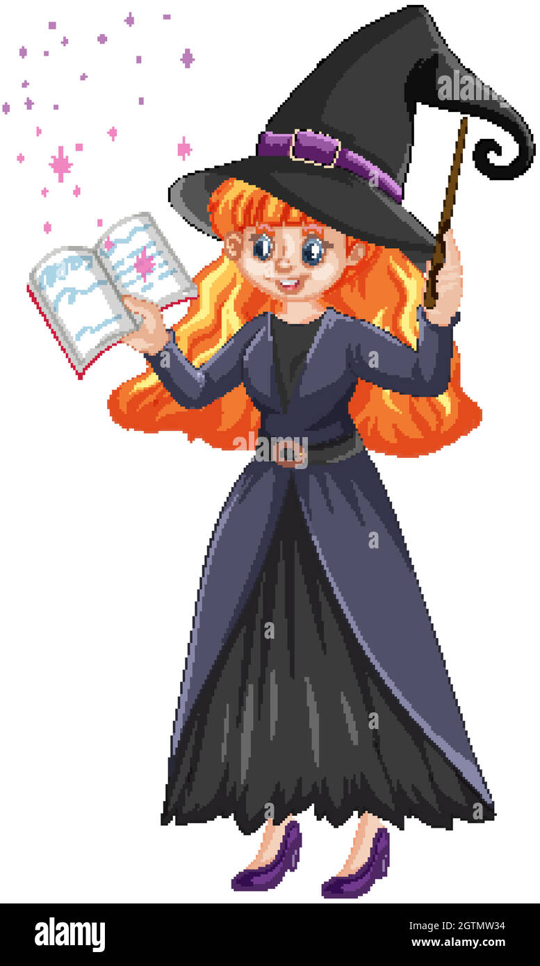 Young beautiful witch holding wand and book cartoon style isolated on ...