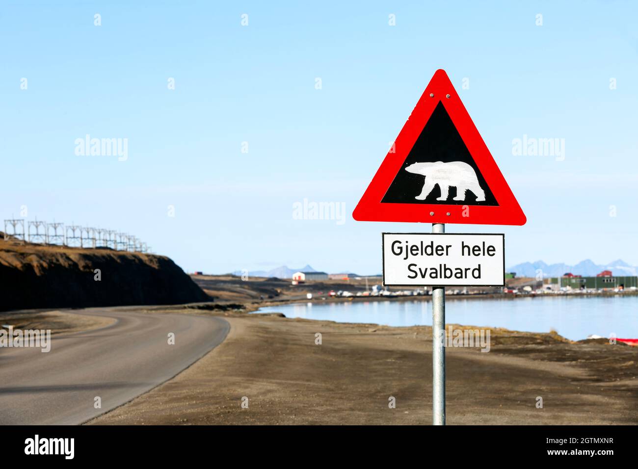 Polar bear warning sign in Svalbard, located at the end of Longyearbyen ...