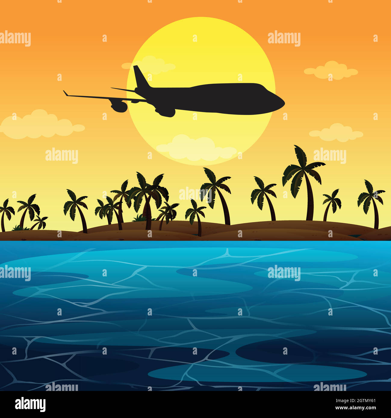 Silhouette scene with airplane flying over ocean Stock Vector Image ...