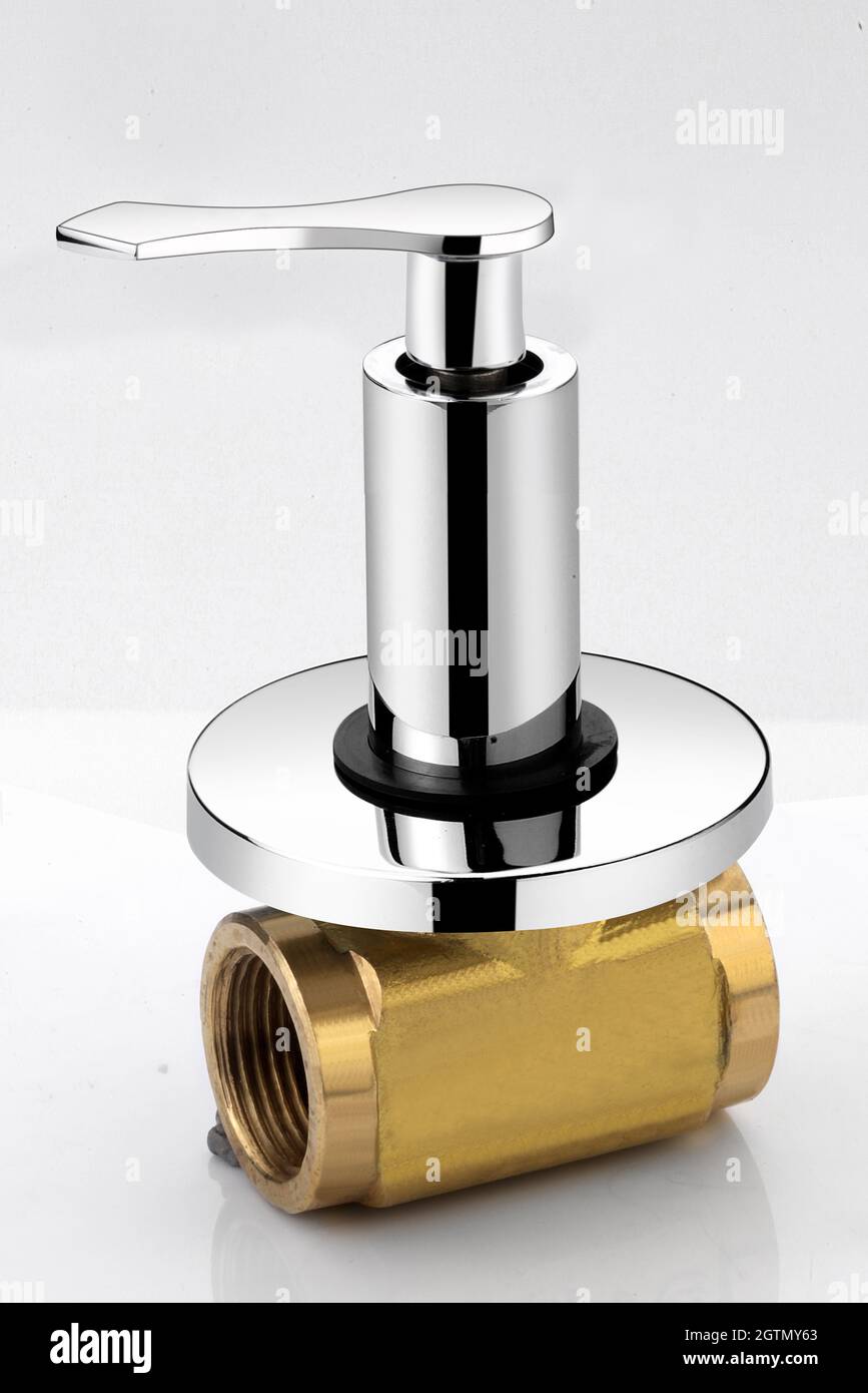 Modern stainless steel water tap. Isolated on white Grey background ...