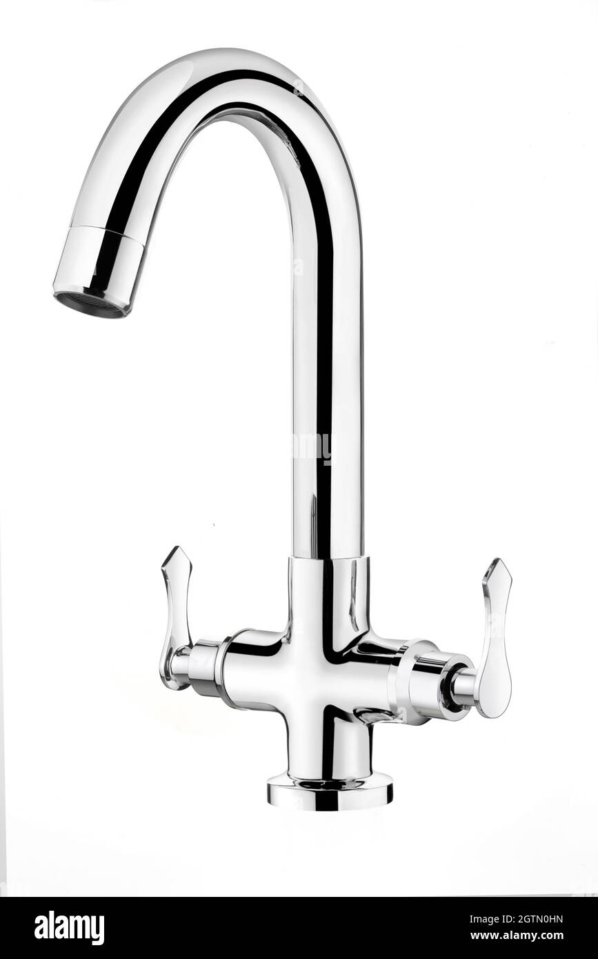 Modern stainless steel water tap. Isolated on white Grey background ...