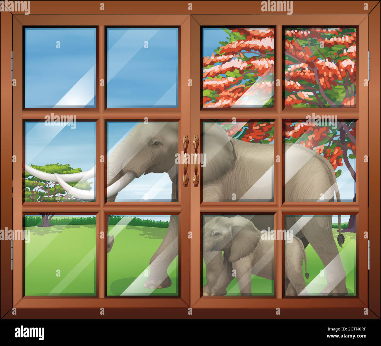 A closed window with a view of the two elephants outside Stock Vector ...